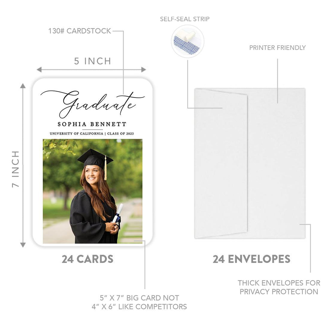 Custom Photo Graduation Announcement Cards with Envelopes, Set of 24