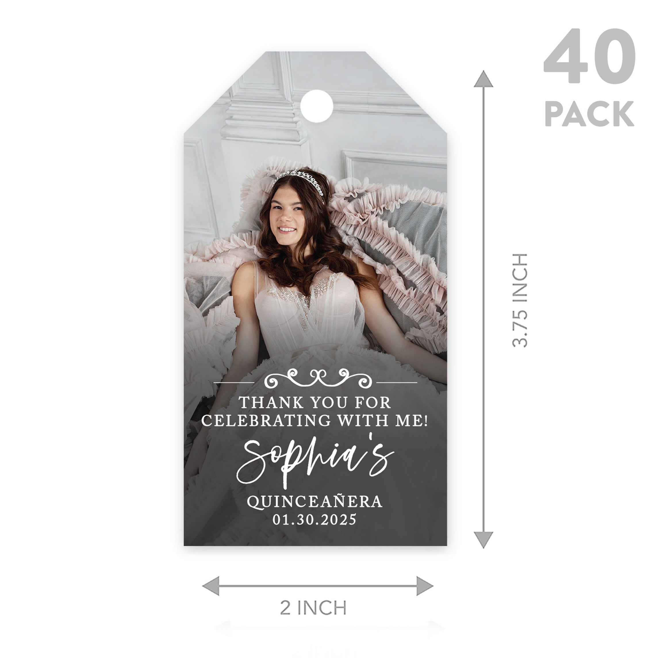 Custom Photo Quinceañera Favor Tags with String, Classic Thank You Gif