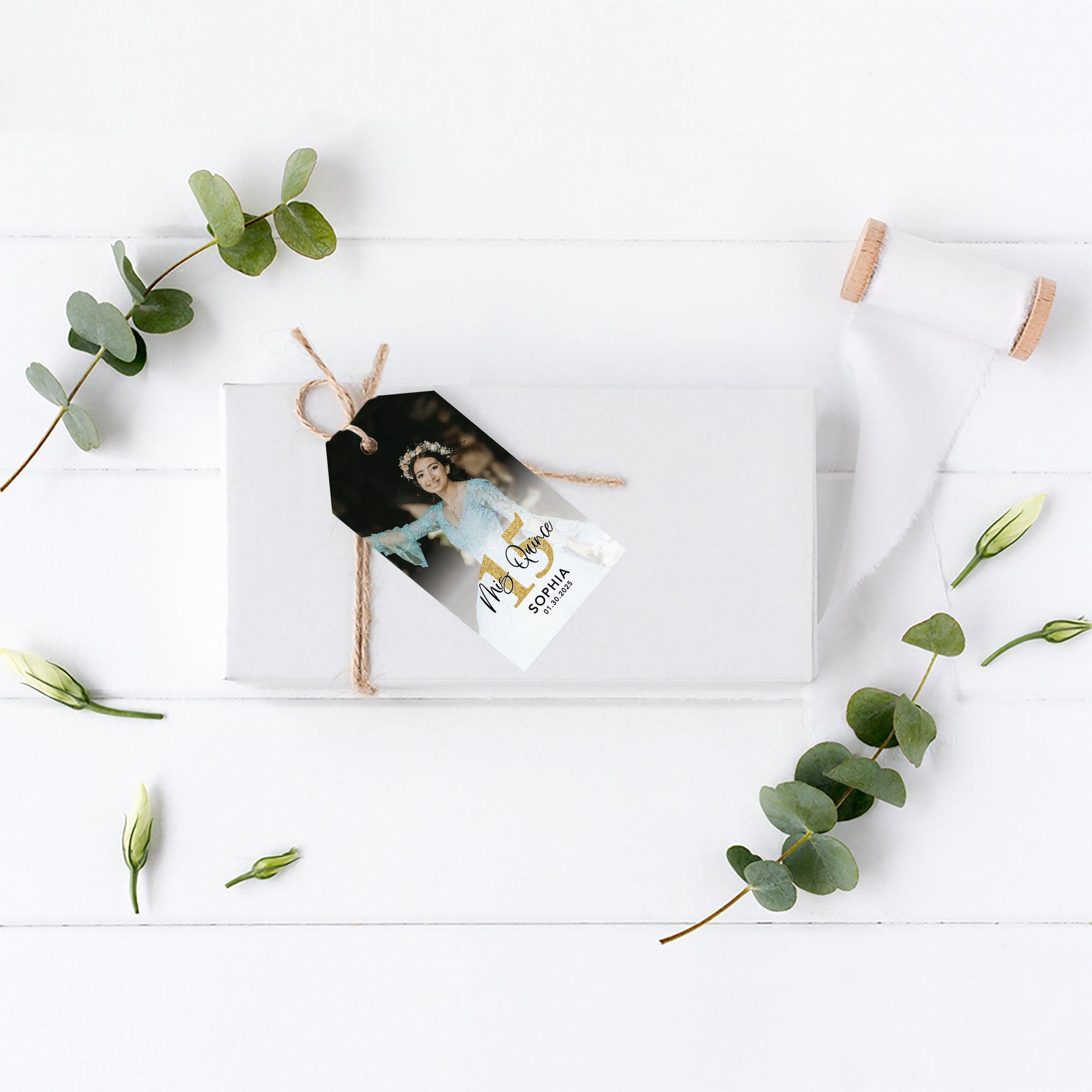 Custom Photo Quinceañera Favor Tags with String, Classic Thank You Gif