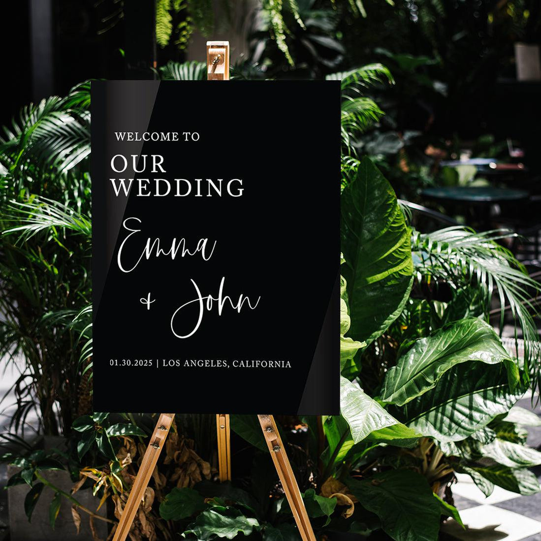 Custom Wedding Welcome Sign, Elegant Black Acrylic Design for Receptio