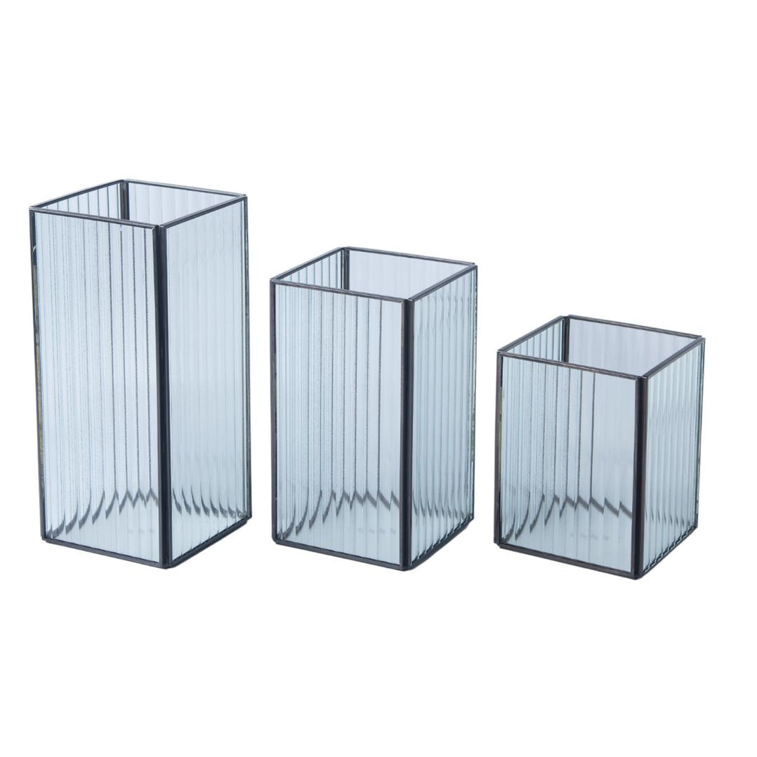 Set of 3 Glass Ribbed Hurricane Candle Holders