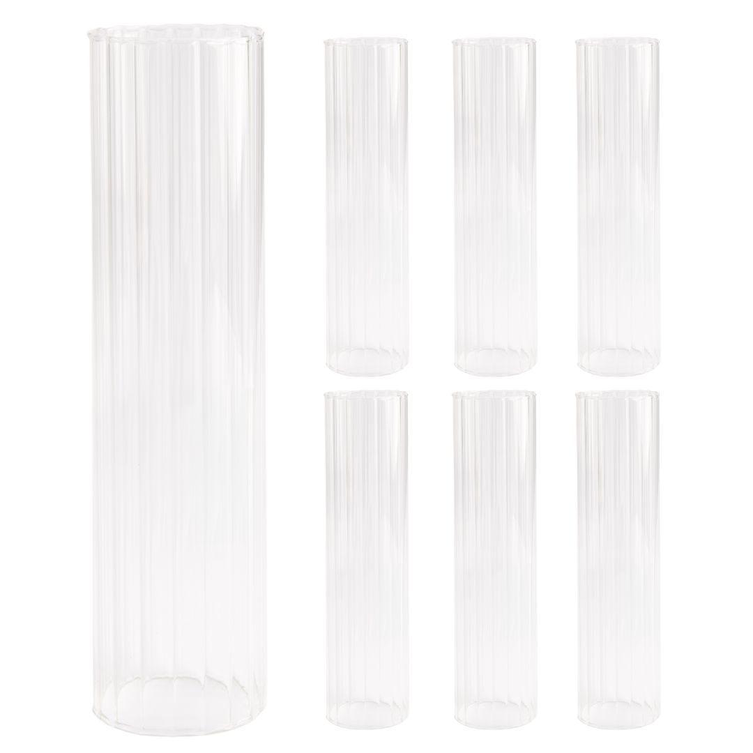 Set of 6 Ribbed Clear Hurricane Glass Cylinder Candleholder Chimney Tu
