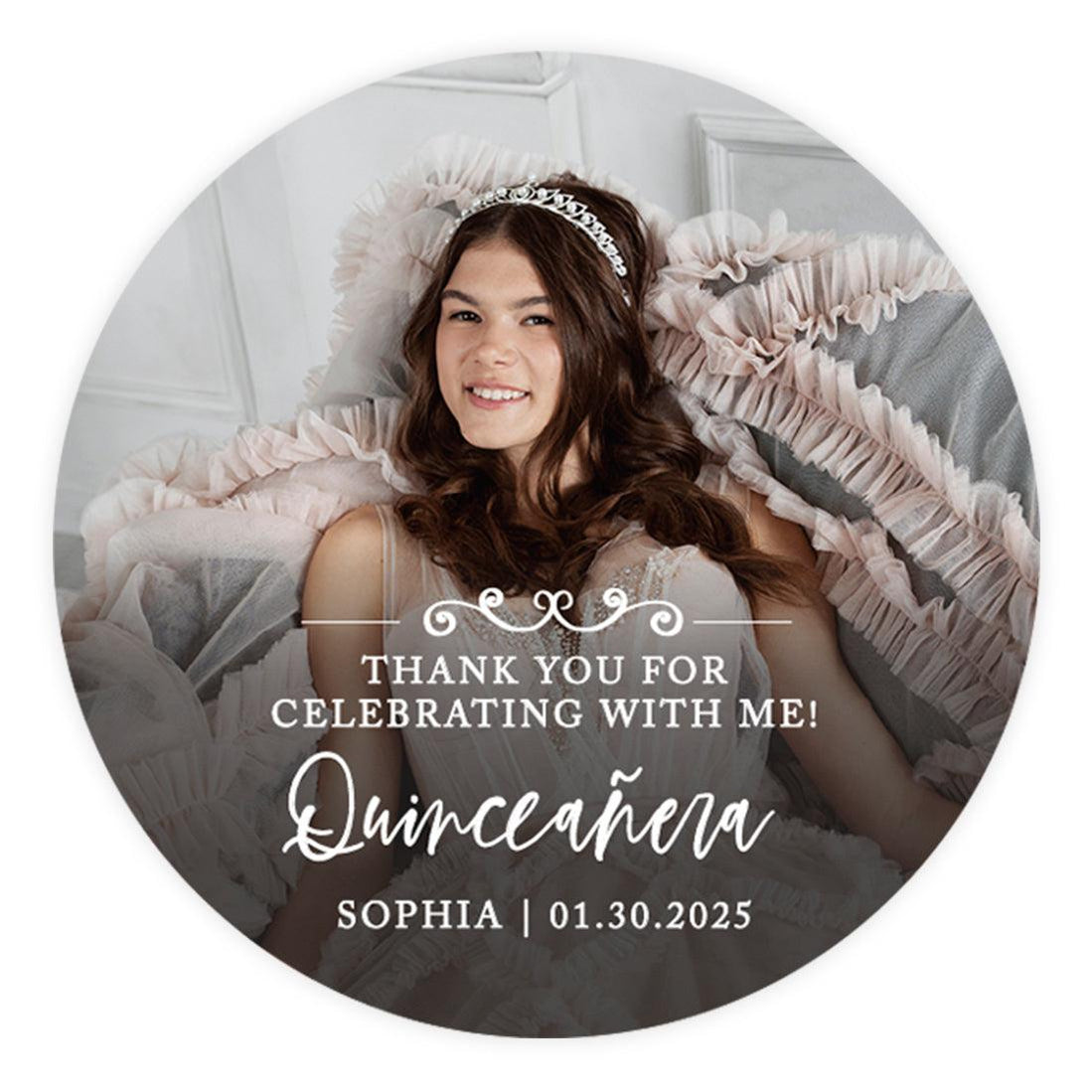 Custom Photo Round Circle Quinceañera Labels, Sticker for Sweet 15, Se