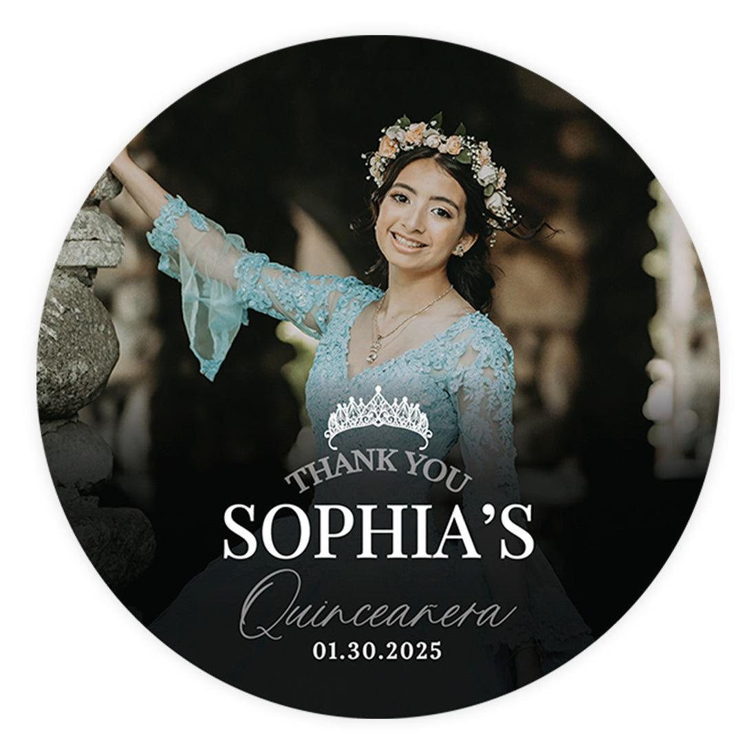 Custom Photo Round Circle Quinceañera Labels, Sticker for Sweet 15, Se