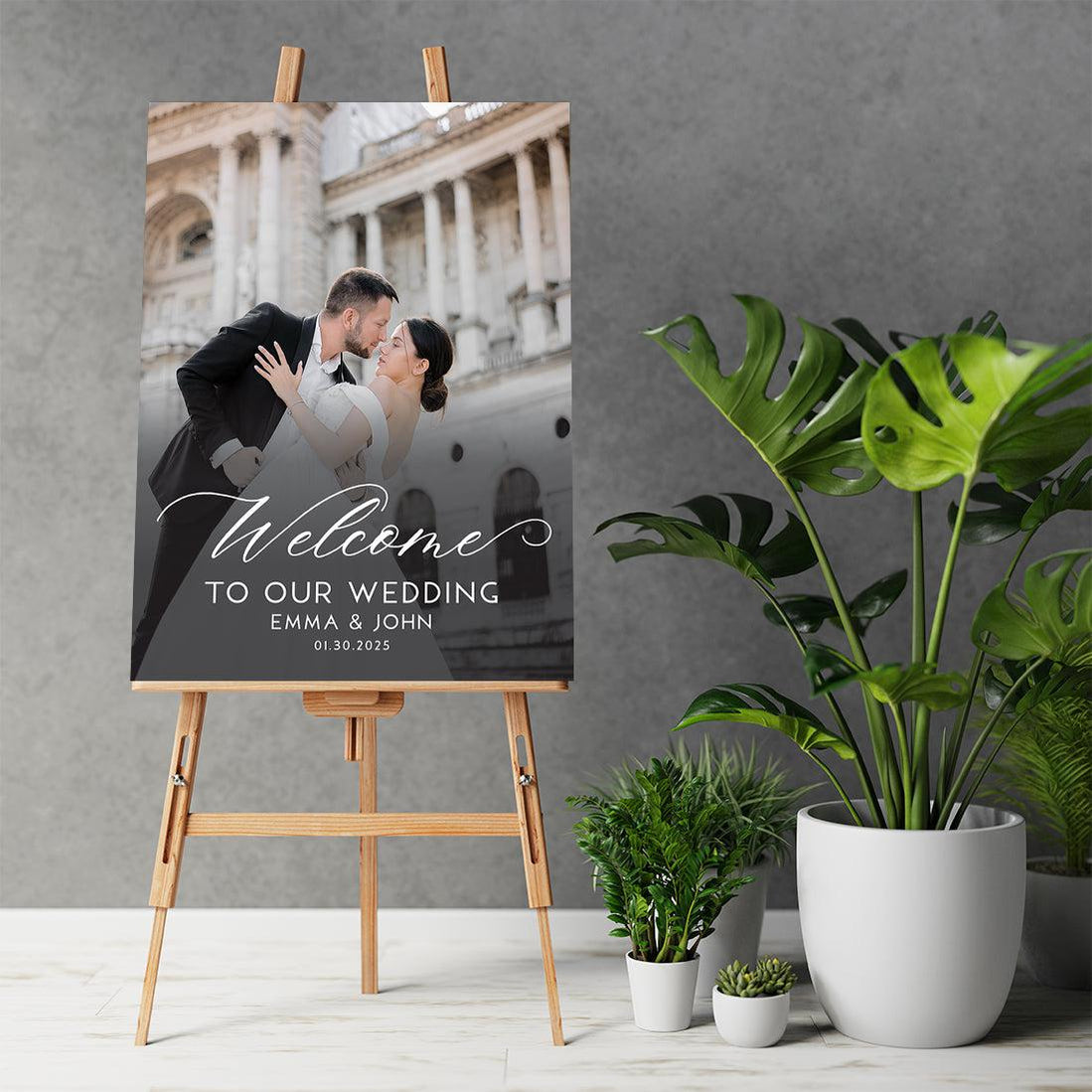 Custom Photo Wedding Sign, Elegant Canvas Welcome for Ceremony and Rec