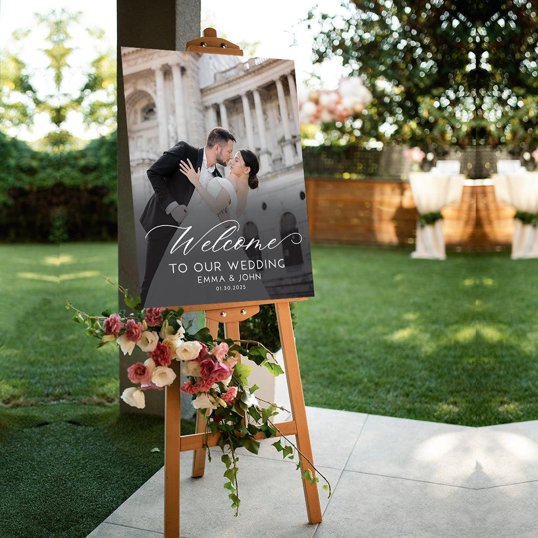 Custom Photo Wedding Sign, Elegant Canvas Welcome for Ceremony and Rec
