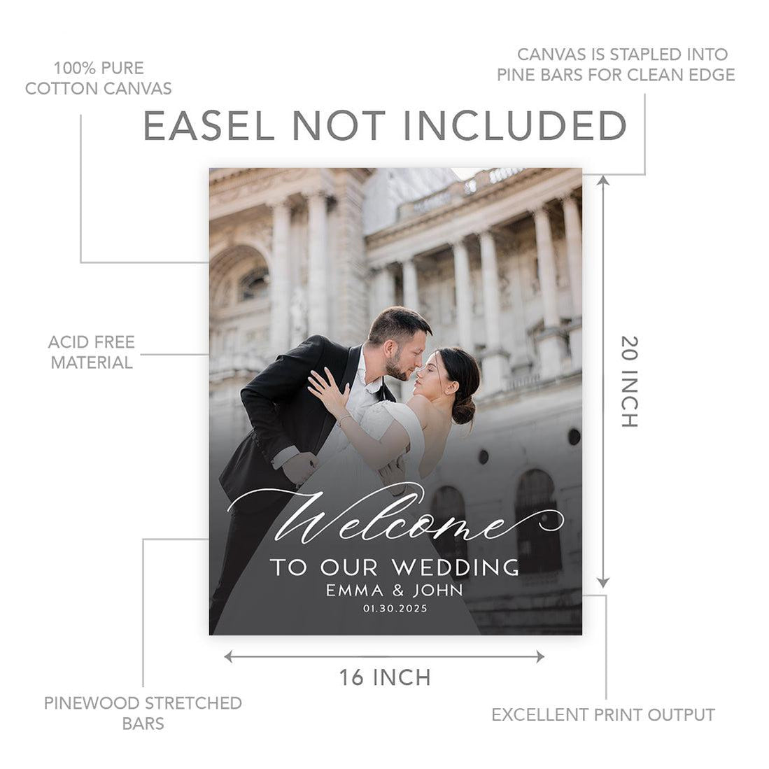 Custom Photo Wedding Sign, Elegant Canvas Welcome for Ceremony and Rec