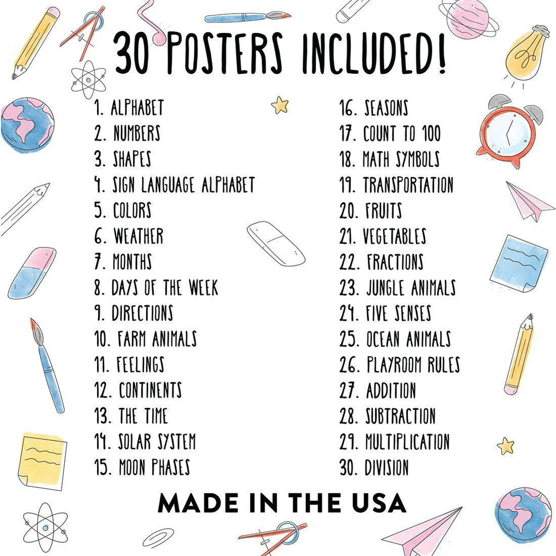 Educational Posters For Kindergarten, Classroom Supplies, 30 Designs